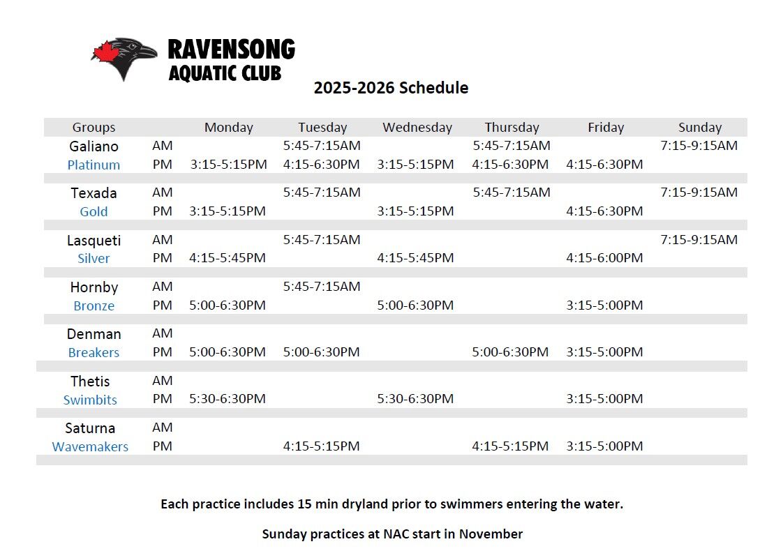 Ravensong Aquatic Club | Schedule